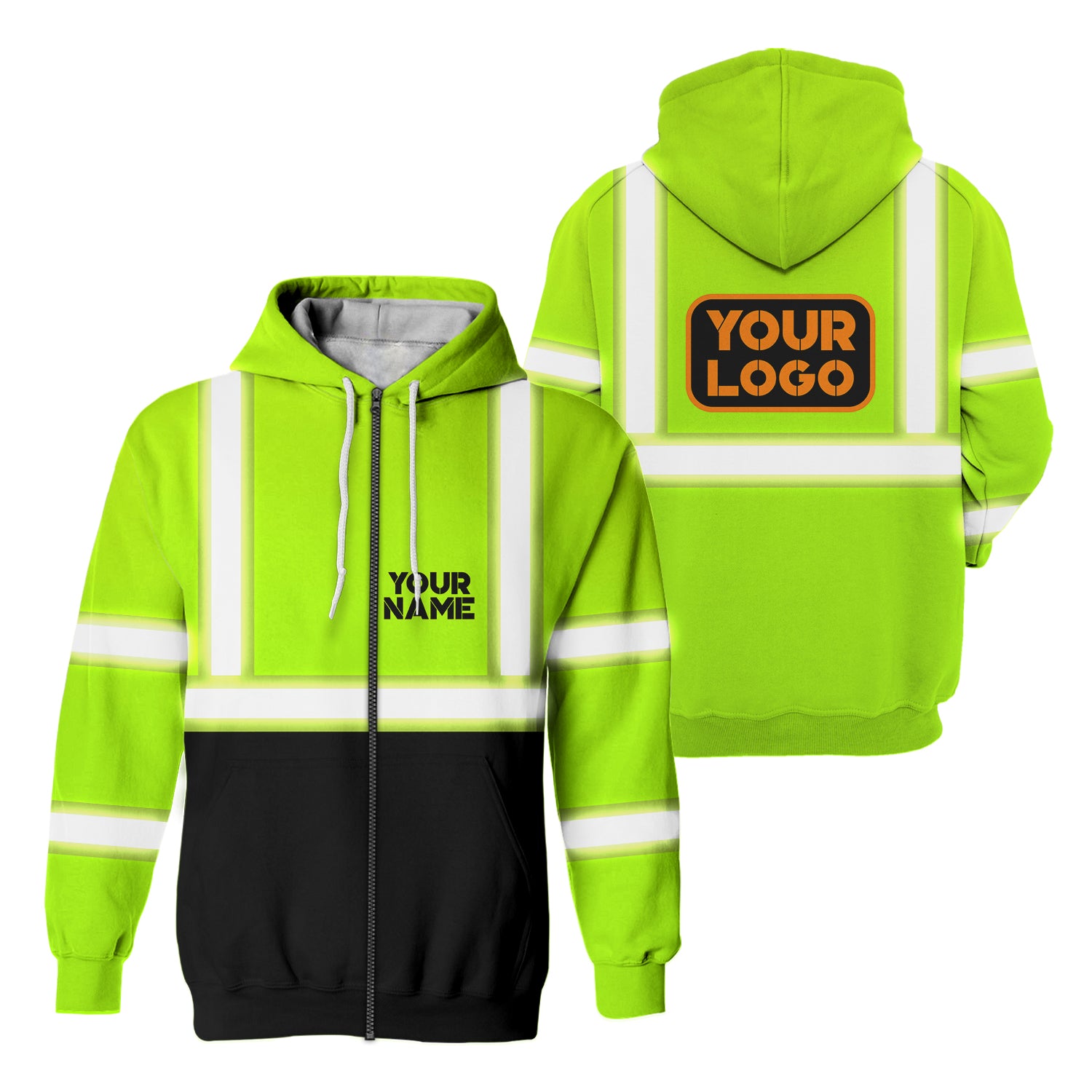 High Visibility Zip Hoodie Reflective Green Custom Name and Logo Safety ...