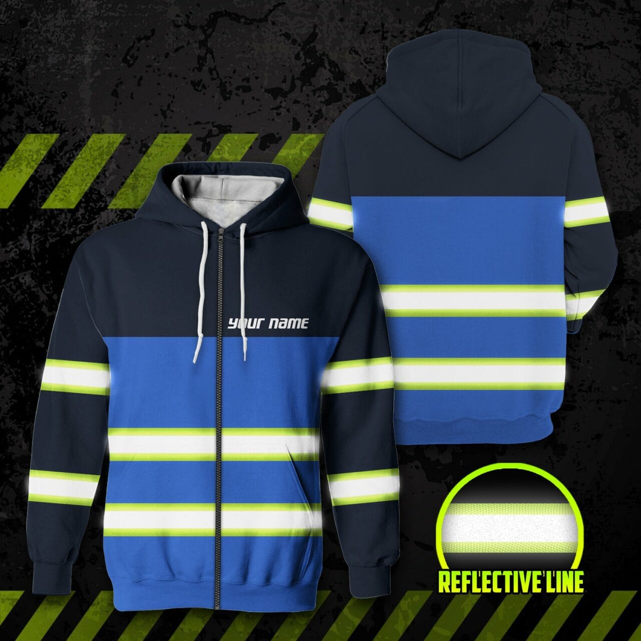 High Visibility Zip Hoodie Reflective Dark Blue Custom Name Safety Workwear