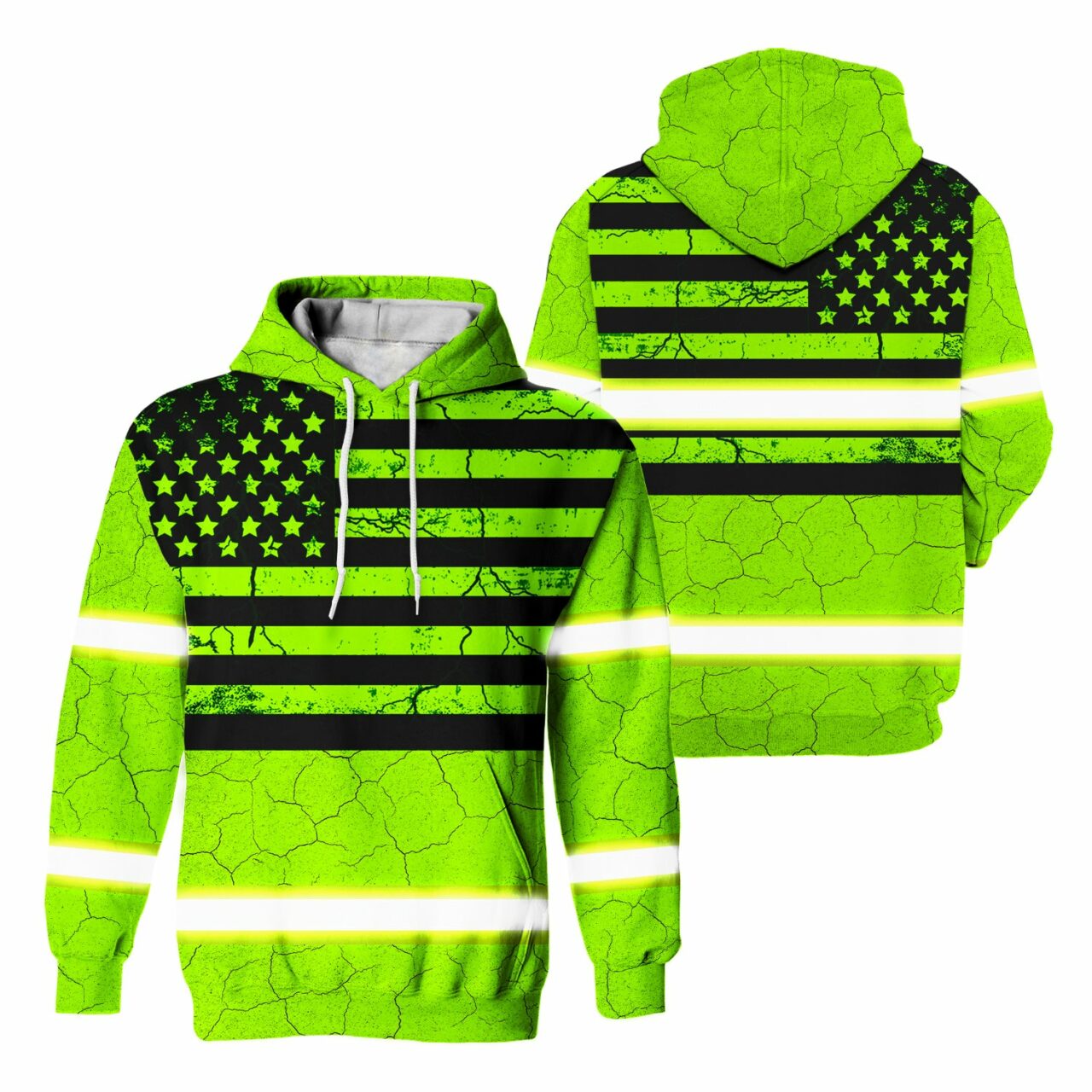 Hi Vis Hoodie Reflective Horizontal USA Flag Green Neon Safety Workwear