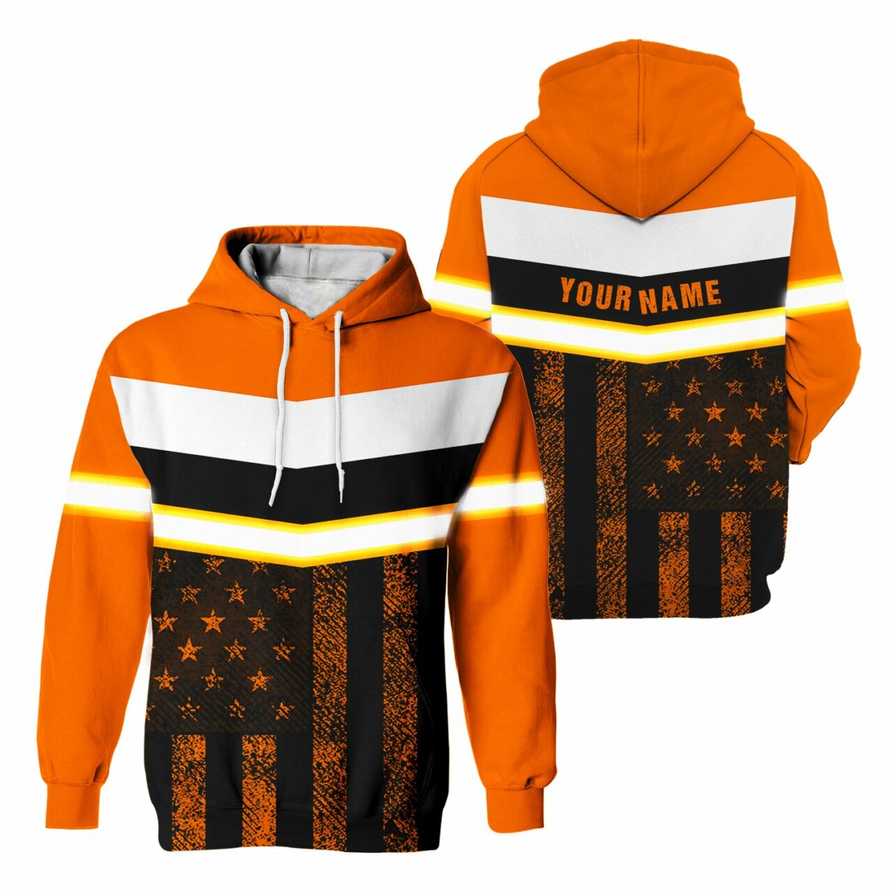 Hi Vis Hoodie Reflective Orange US Flag Custom Name Safety