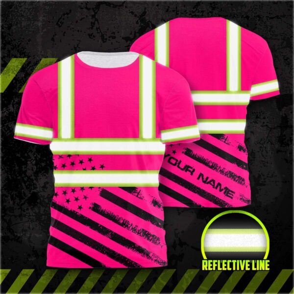 Hi Vis Shirt Reflective Pink Neon USA Flag Custom Name Safety Workwear