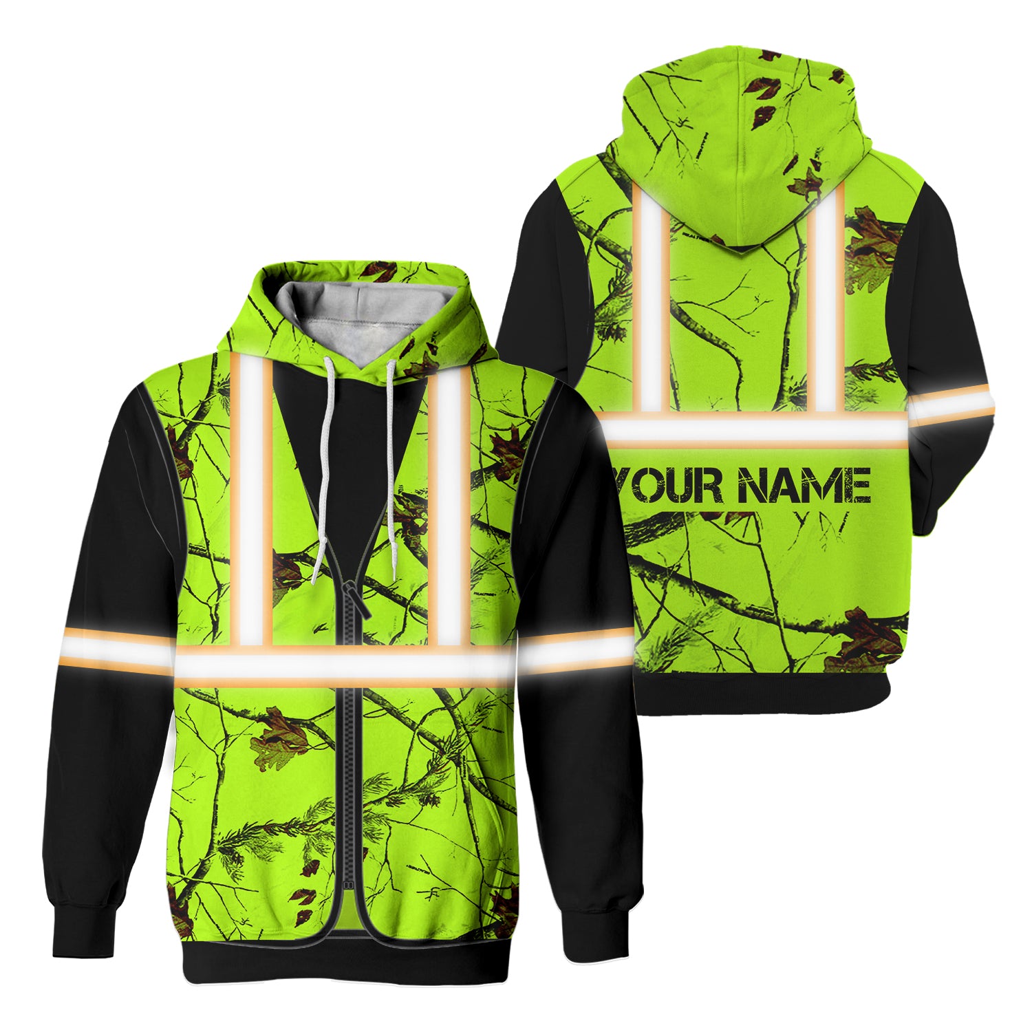 Hi Vis Reflective Camo Green Orange Line Custom Name Hoodie Safety Workwear
