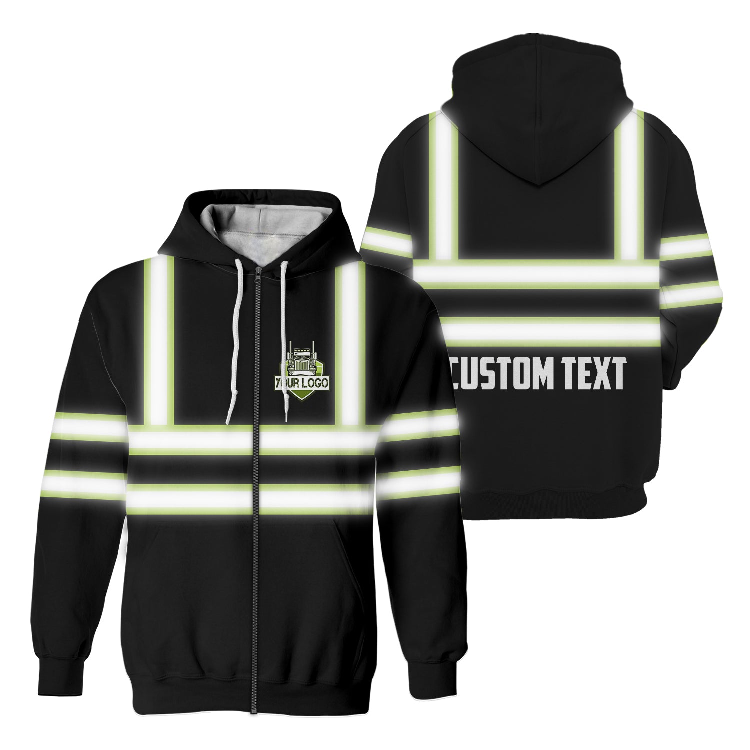 High Visibility Zip Hoodie Reflective Green Orange Black Custom Name ...