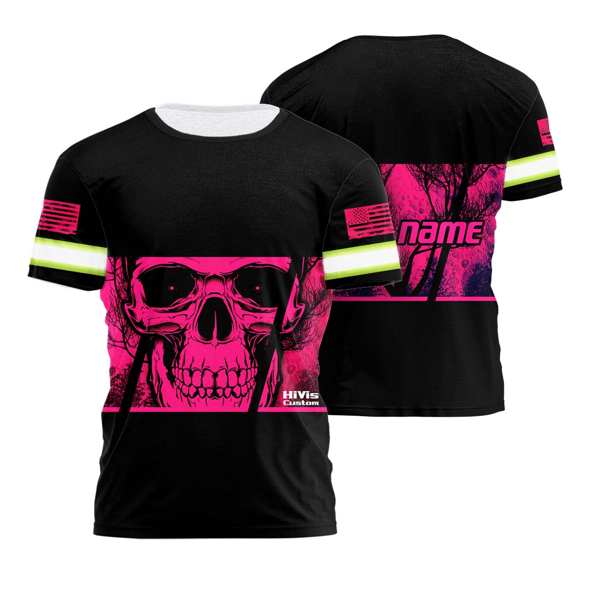 Hi Vis Shirt Reflective Pink Skull Custom Name Safety Workwear