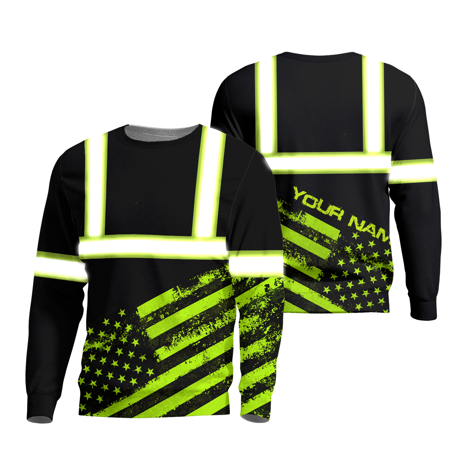 Hi Vis Long Sleeve Shirt Reflective Black And Green Usa Flag Custom Name Safety Workwear