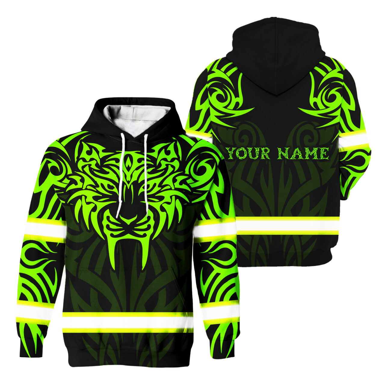 Hi Vis Hoodie Reflective Tapes Green Neon Tiger Custom Name Safety Workwear