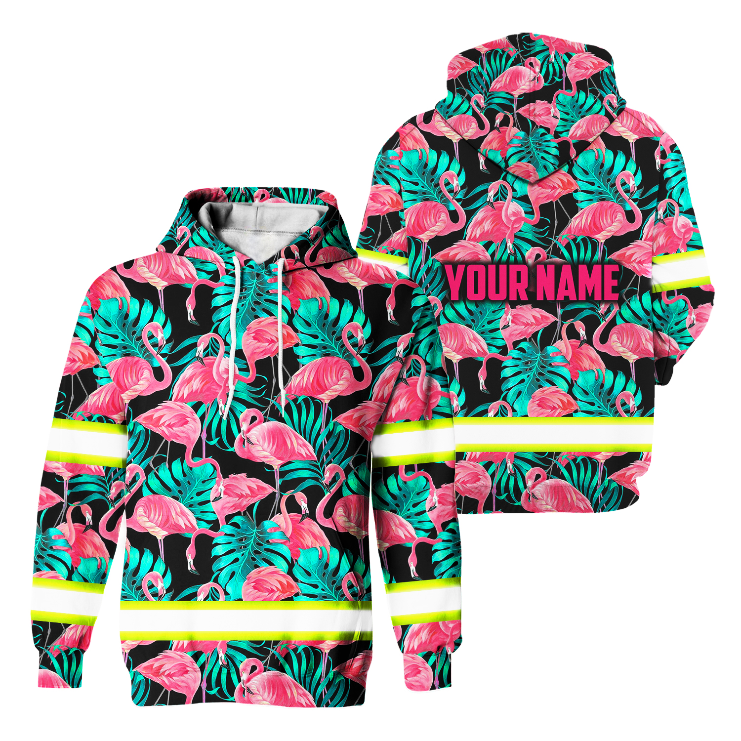 Hi Vis Hoodie Reflective Tapes Pink Flamingo Flower Hawaiian Custom ...