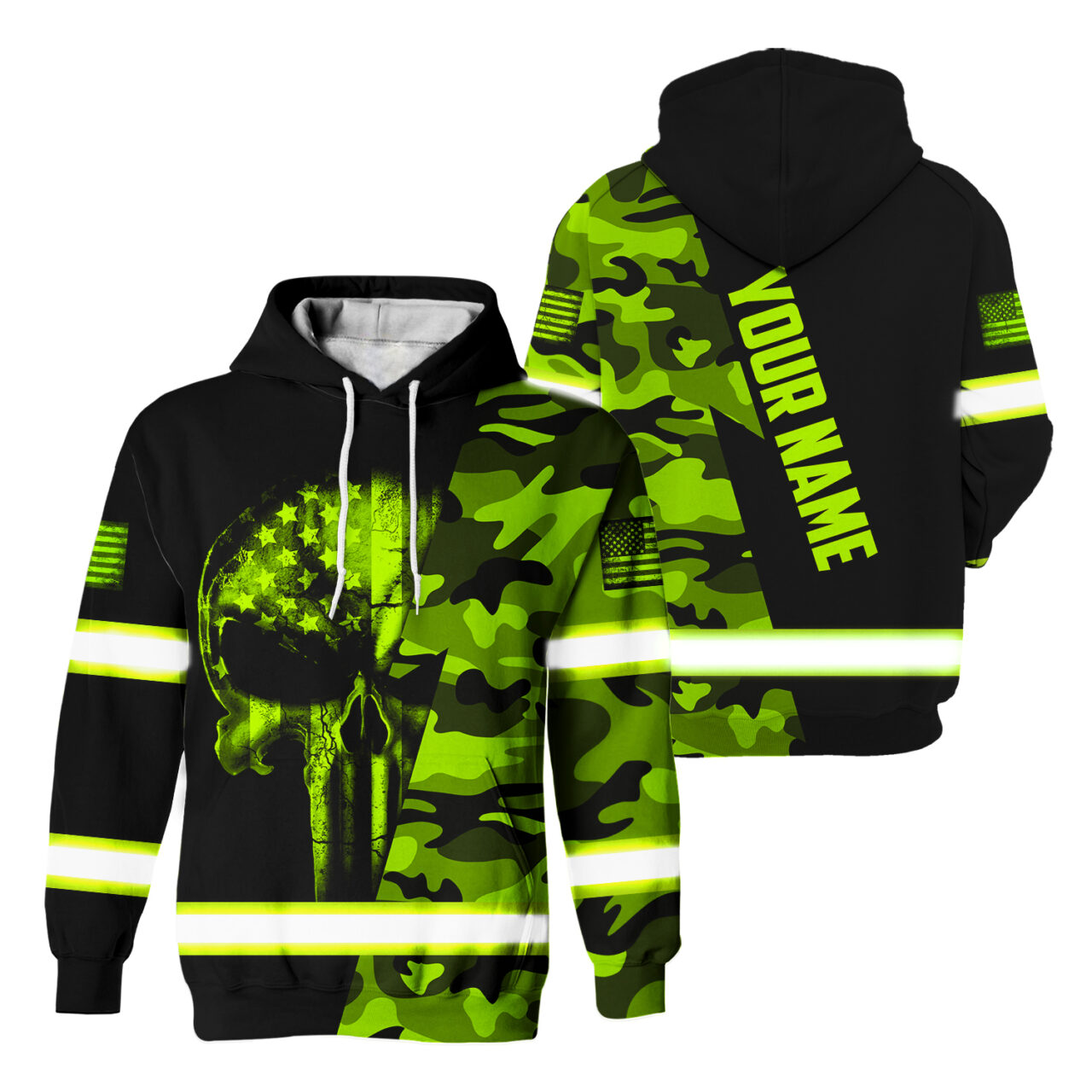 Hi Vis Hoodie Reflective Skull US Flag Custom Name Safety Workwear
