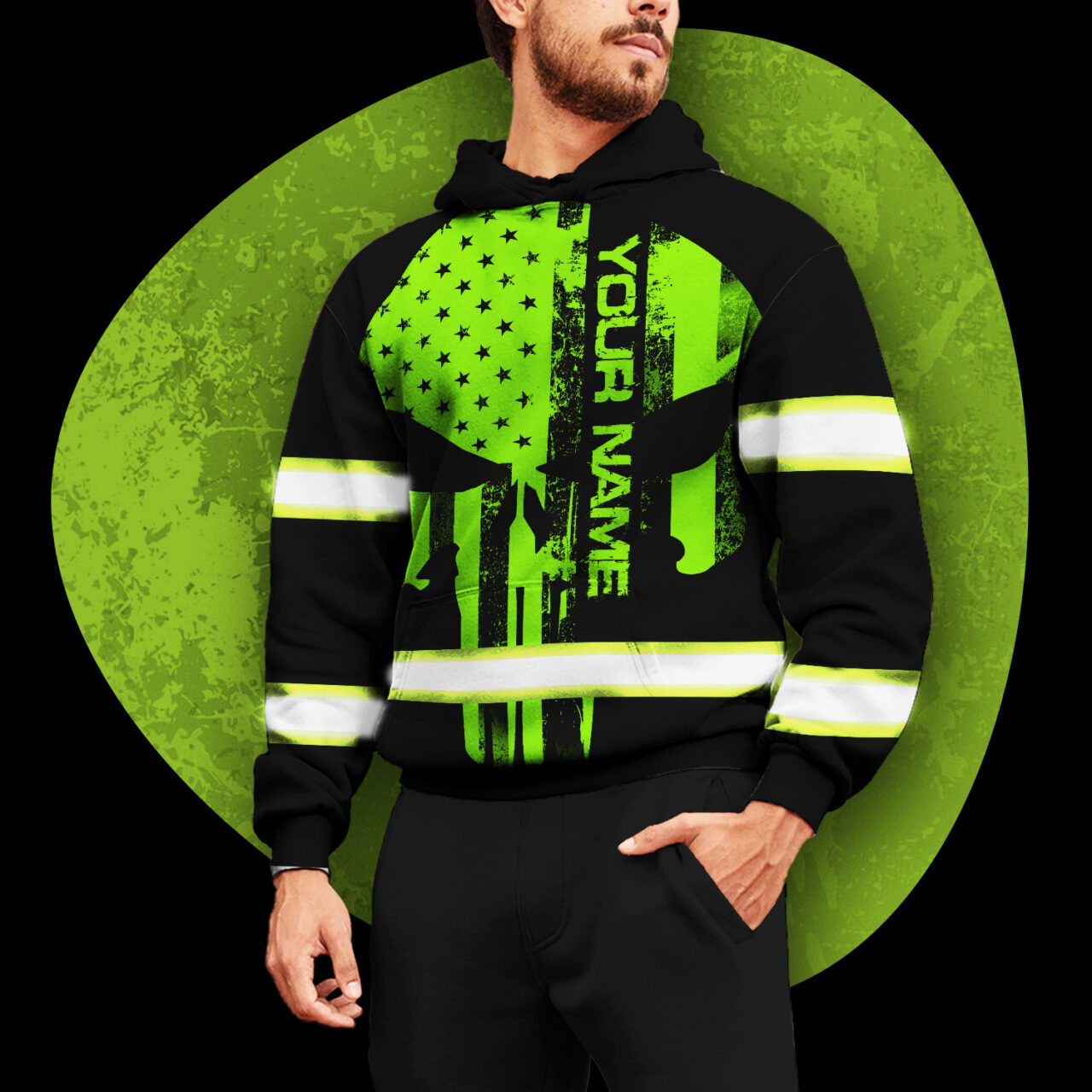 Custom American Flag & Camp; Skull Reflective Hi Vis Hoodies - Neon ...