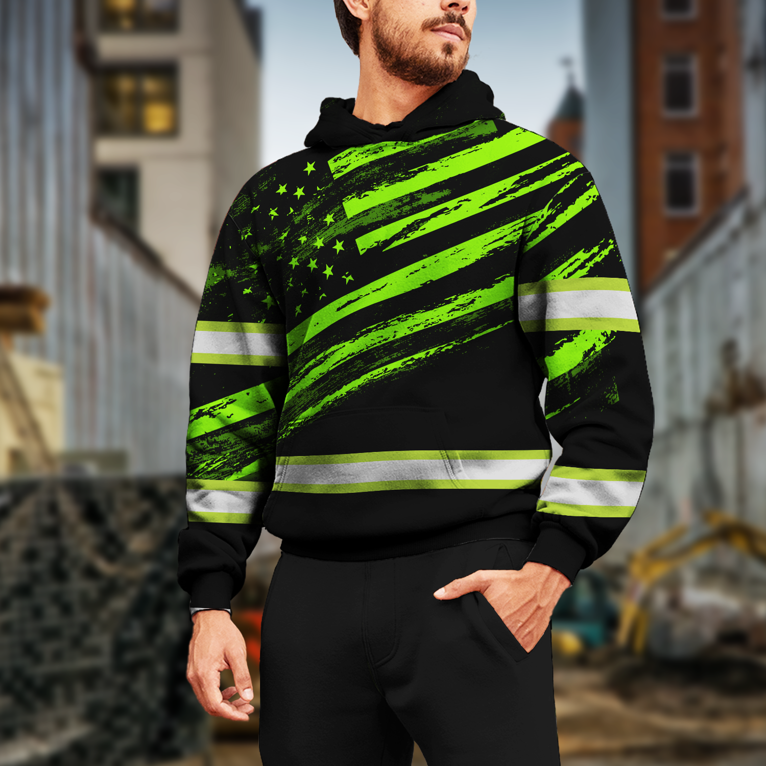 Custom Name Reflective Hi Vis Hoodies - Flag Patriotic Safety Workwear