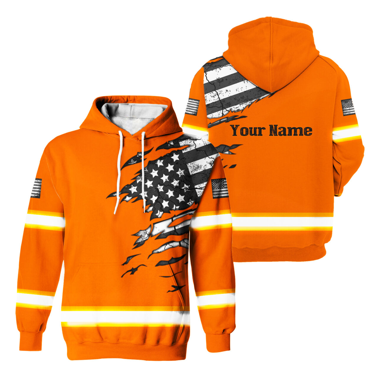 Hi Vis Hoodie Reflective Scratch Orange Neon US Flag Custom Name Safety