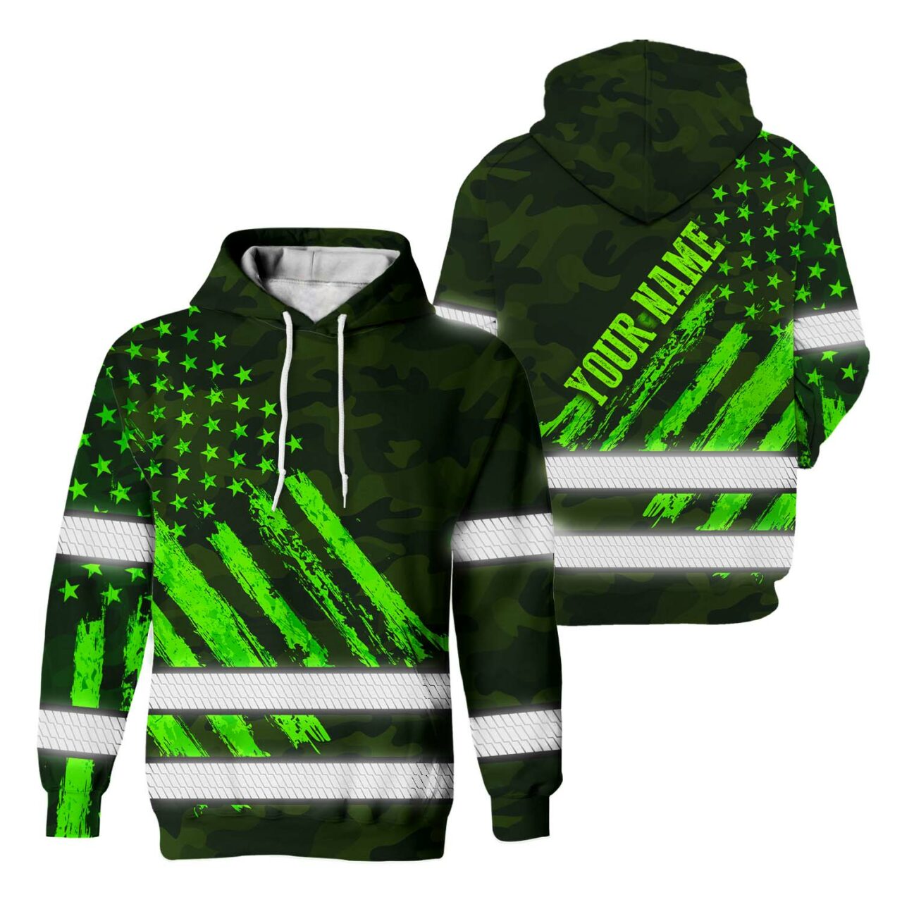 Hi Vis Hoodie Reflective Tapes Green Neon Camo US Flag