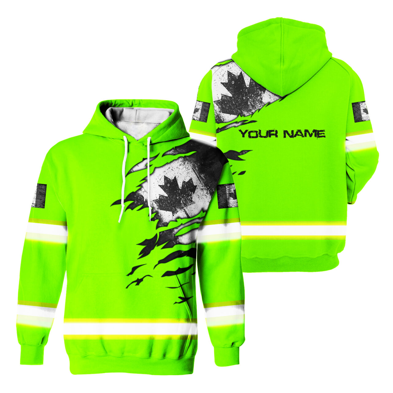 Hi Vis Hoodie Reflective Tapes Green Neon Scratch Canada Flag Custom