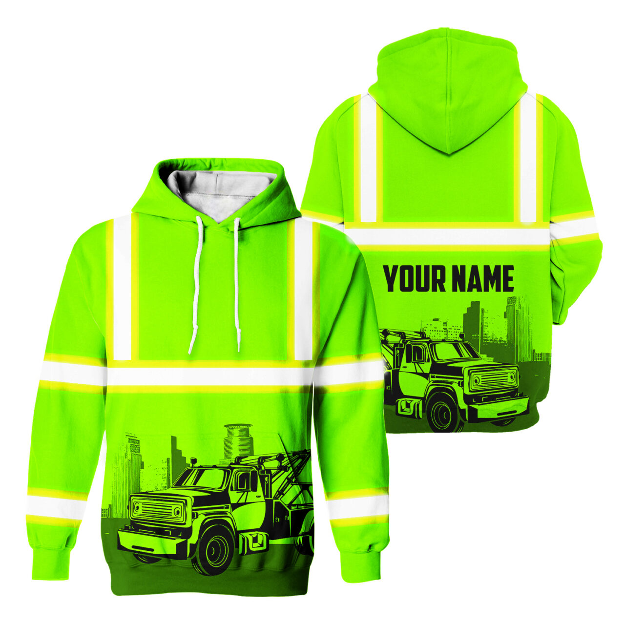 Hi Vis Hoodie Reflective Tapes Green Tow Truck Driver Custom Name Safety