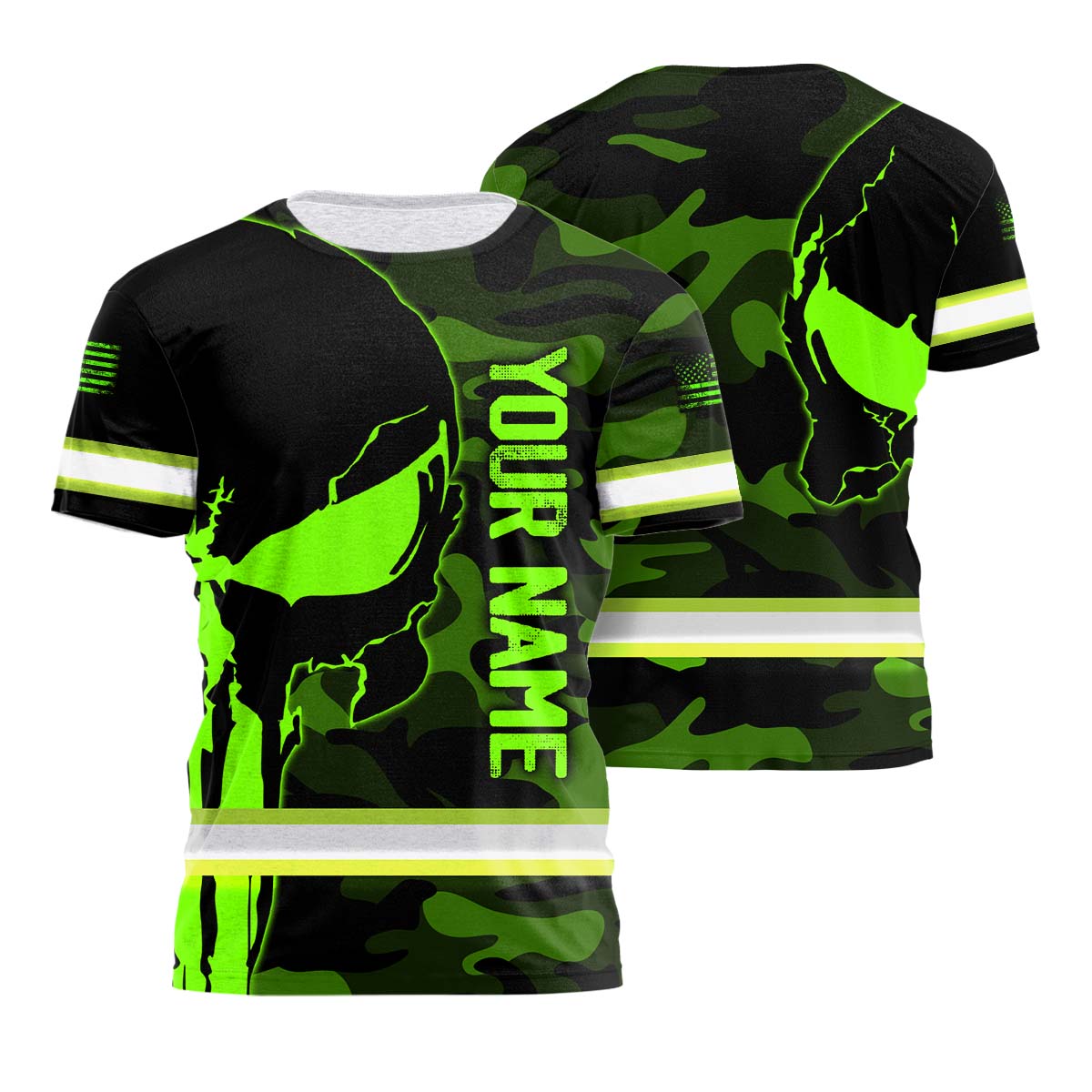Hi Vis Shirt Reflective Skull Camo Green Neon US Flag Custom Name ...