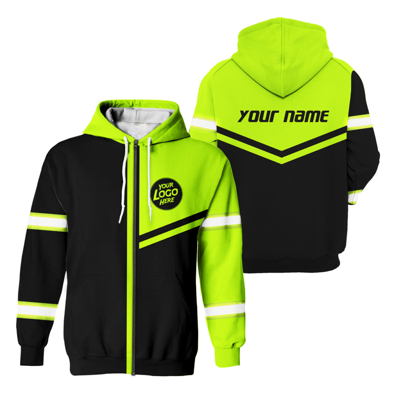 Hi Vis Zip Hoodie Reflective Tapes Black Green Neon Custom Name