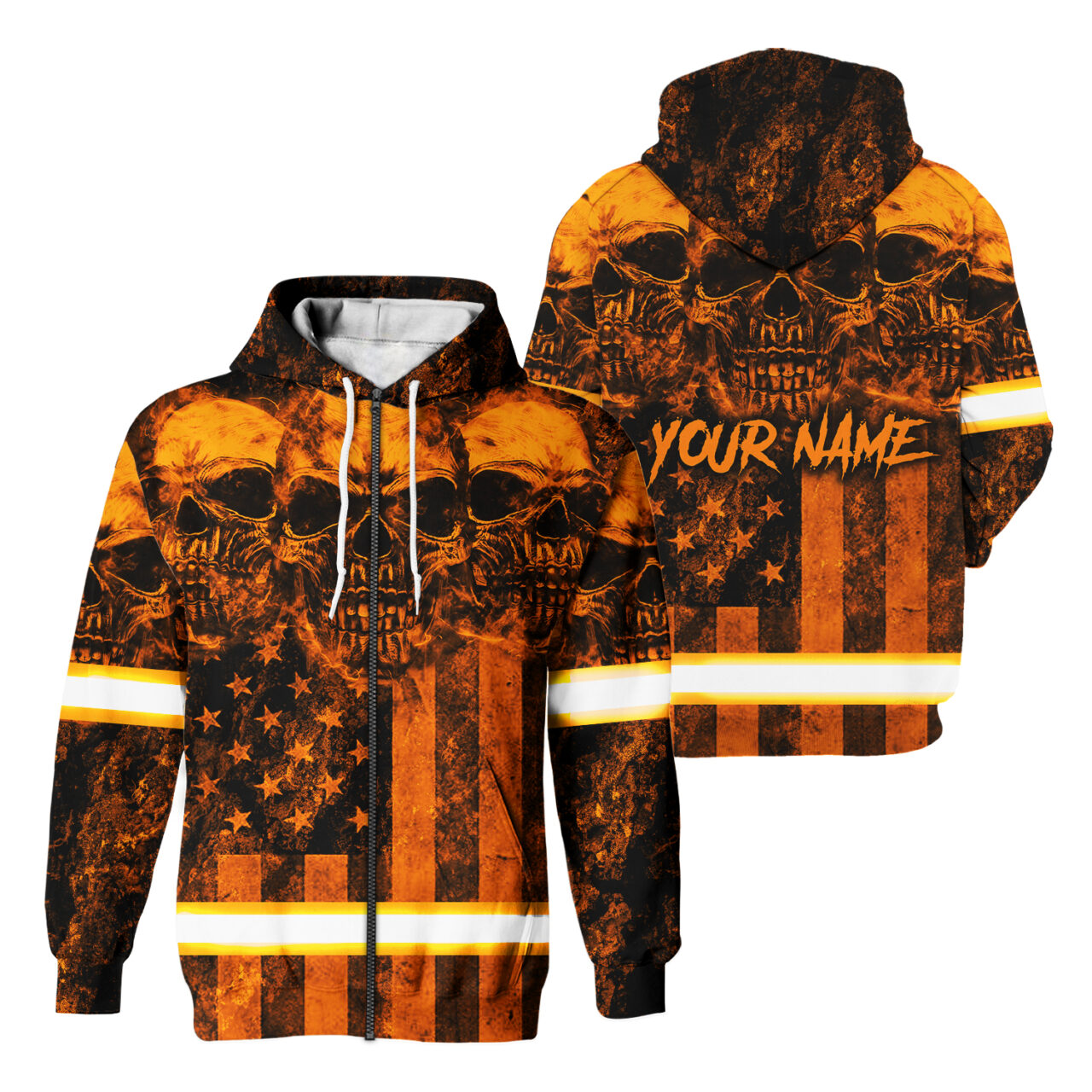 Hi Vis Zip Hoodie Reflective Tapes Orange Skull US Flag Safety Workwear