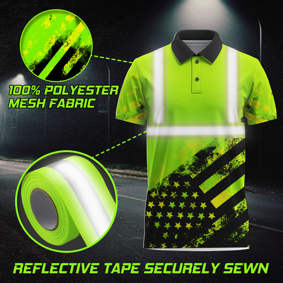 High Visibility Polo Shirt Reflective Green Neon Flag Custom Name ...