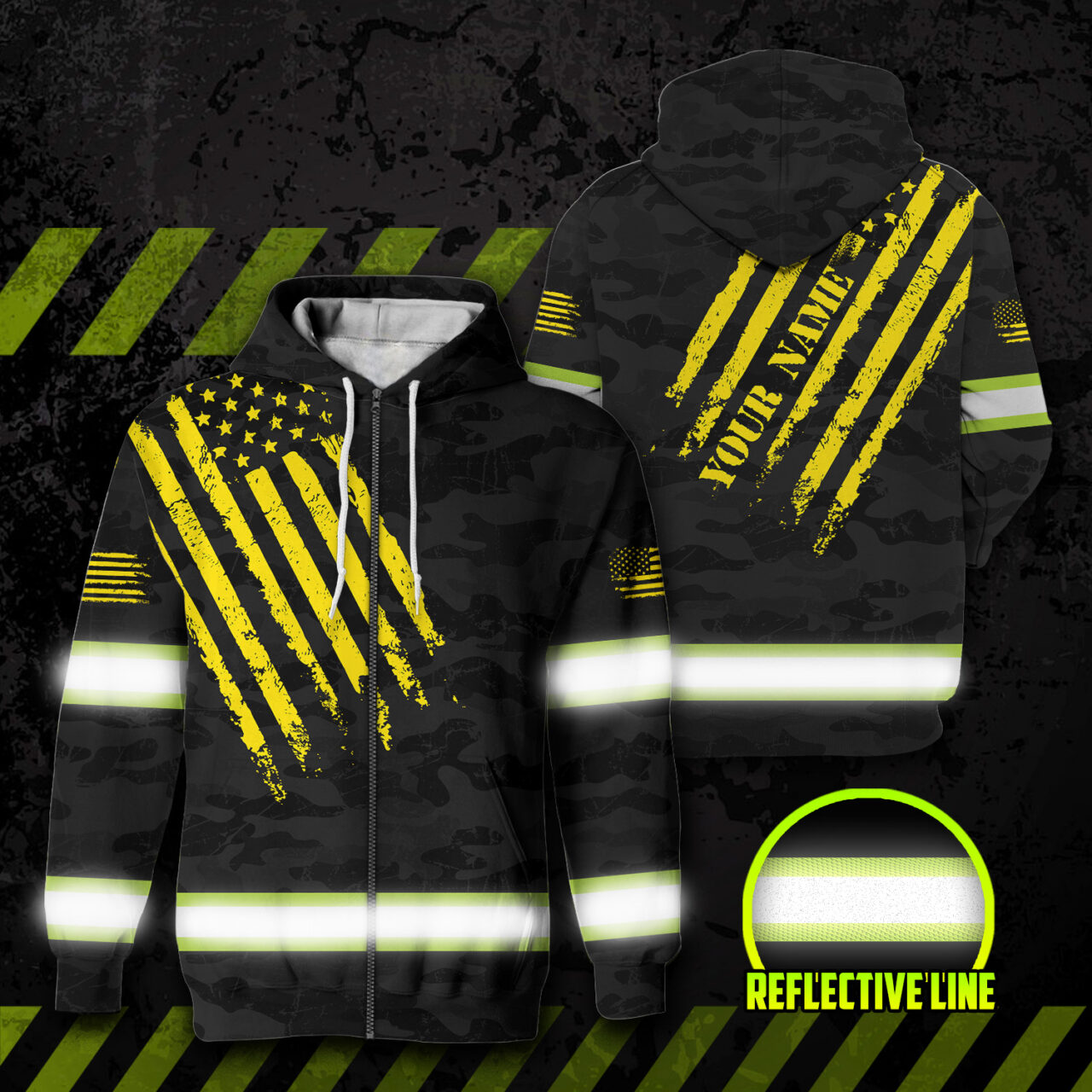 Hi Vis Jacket Reflective Camo And Yellow USA Flag
