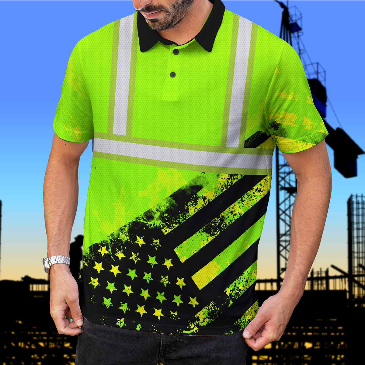 High Visibility Polo Shirt Reflective Green Neon Flag Custom Name ...