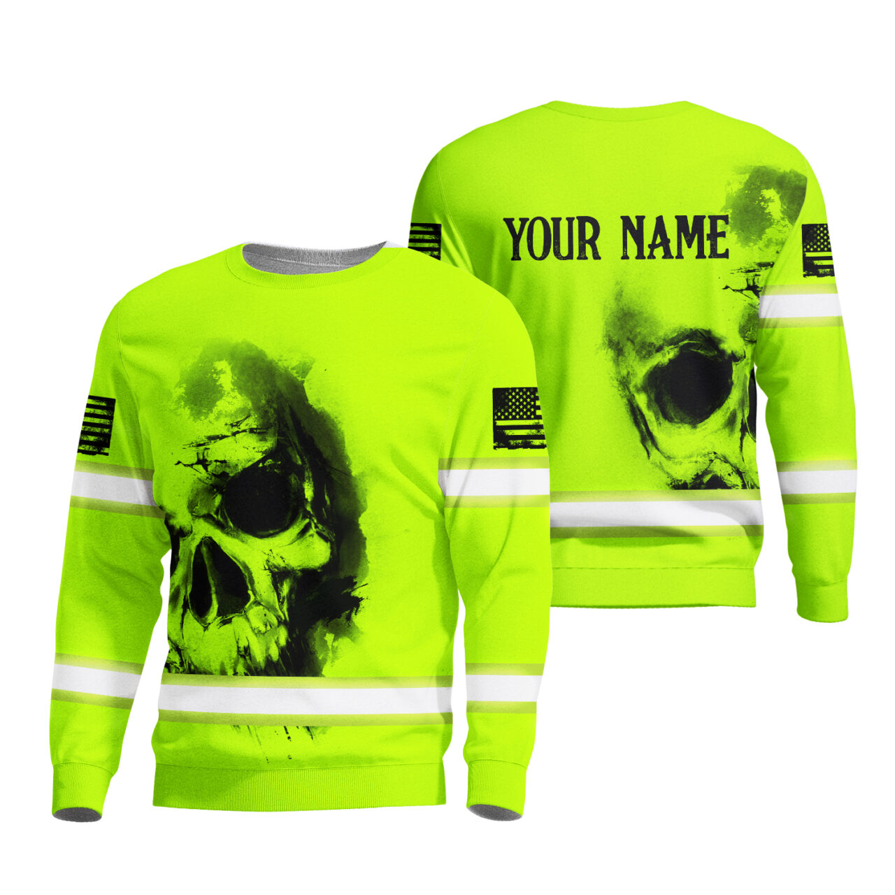 Hi Vis Long Sleeve Shirt Reflective Tapes Green Neon Skull Custom Name ...