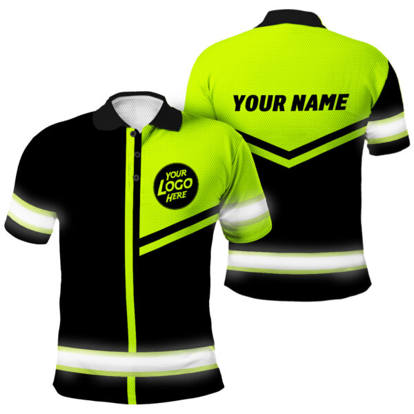 Hi Vis Polo Shirt Uniform Reflective Black Green Neon Custom Name And ...