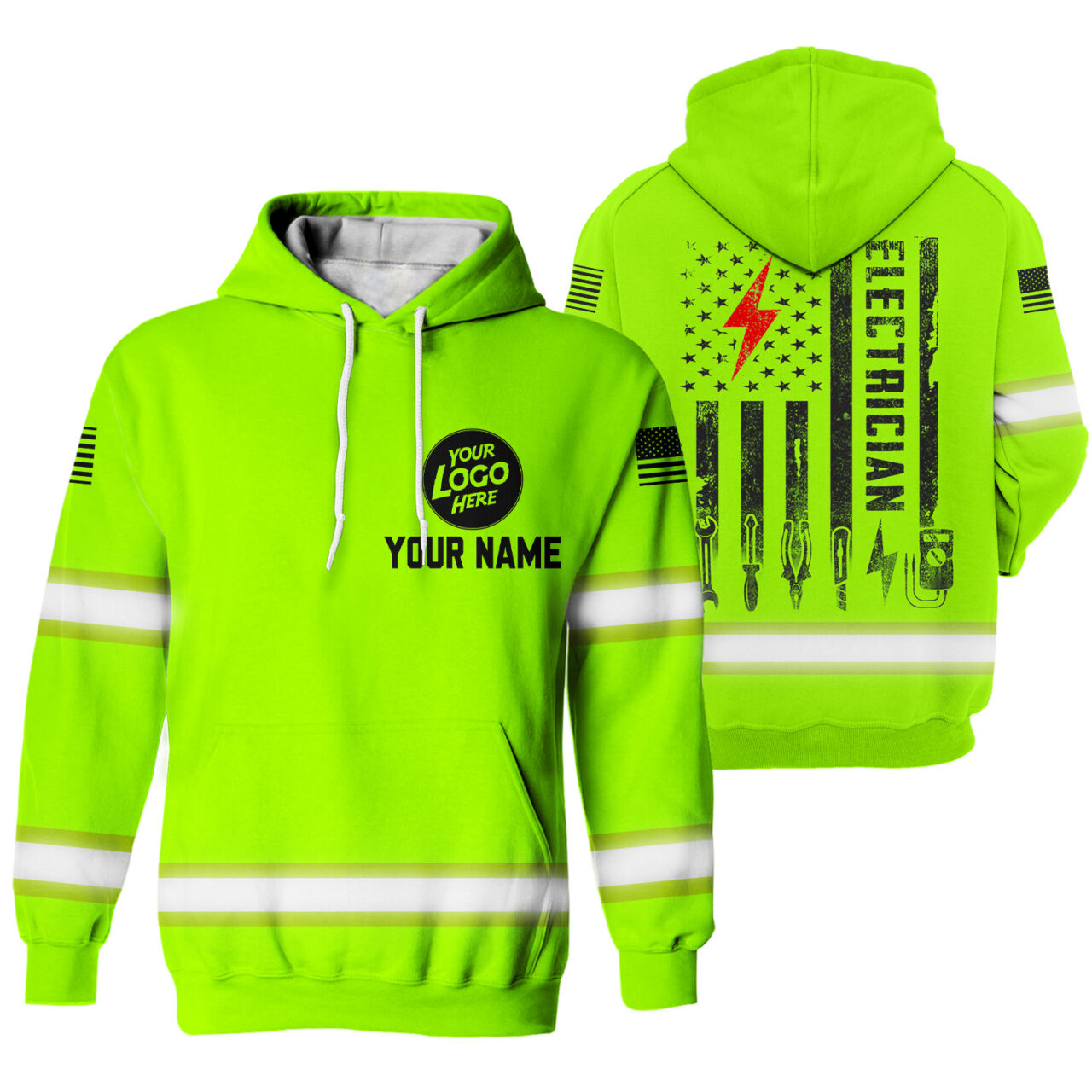 Hi Vis Hoodie Electrician American Flag Custom Name and Logo Company ...