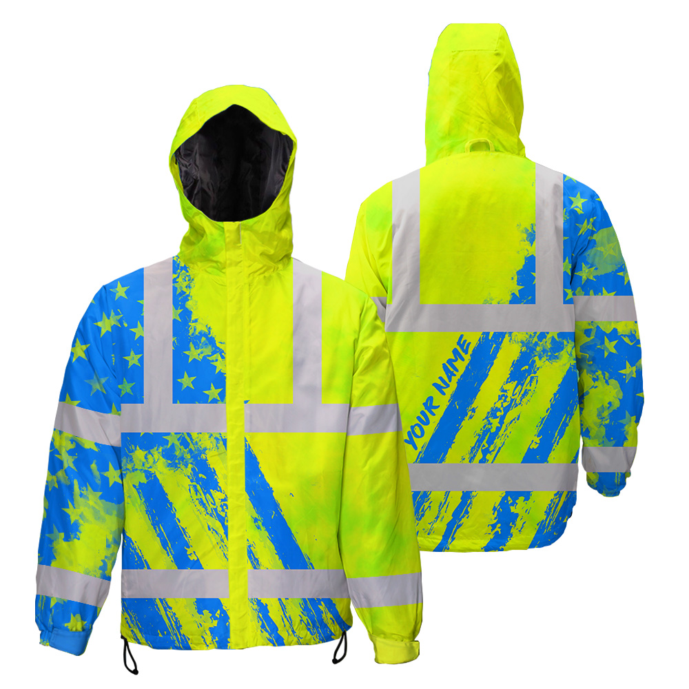 Hi Vis Jacket Waterproof Reflective Green Neon And Blue US Flag Custom ...