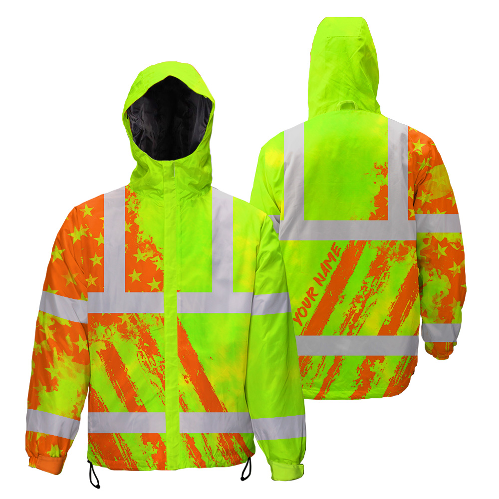Hi Vis Jacket Waterproof Reflective Lime Neon And Orange US Flag Custom ...
