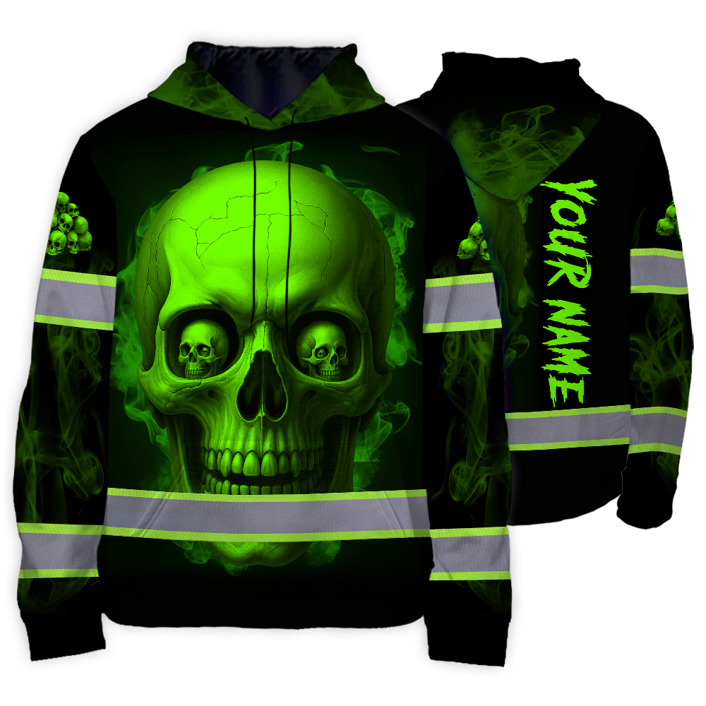 Hi Vis Hoodie Reflective Tapes Gradient Green Neon Skull Smoke Custom Name