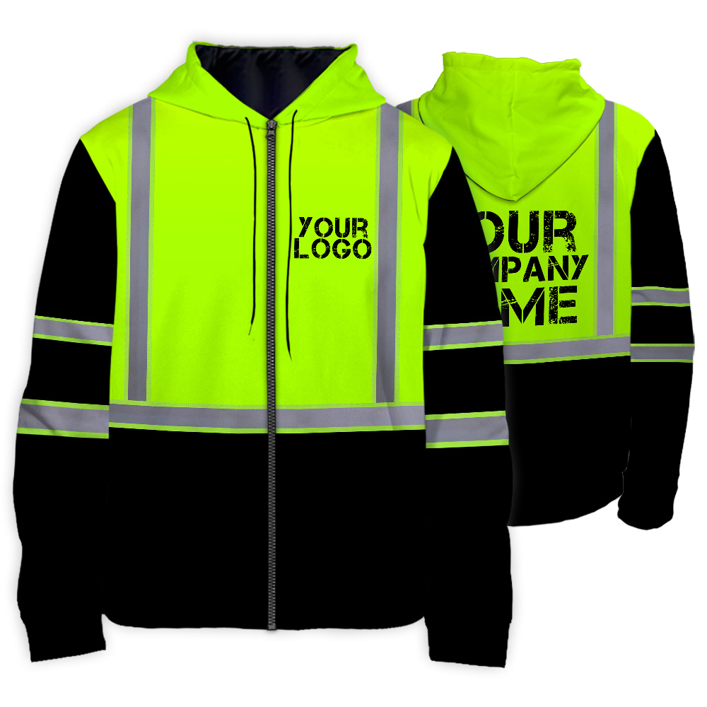 High Visibility Zip Hoodie Reflective Green Custom Name Safety Workwear