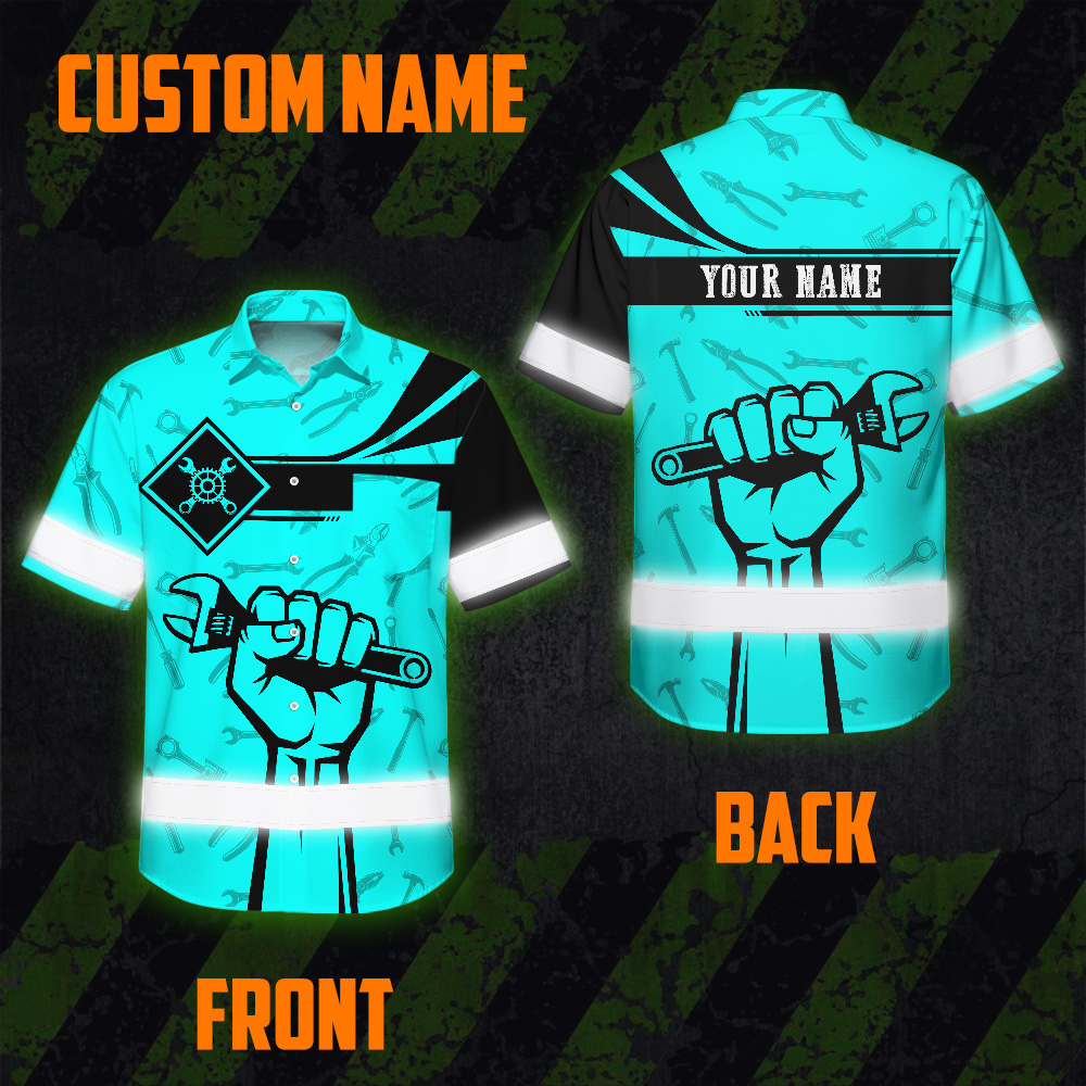 Hi Vis Hawaiian Shirt Reflective Tapes Blue Neon Mechanic Custom Name ...