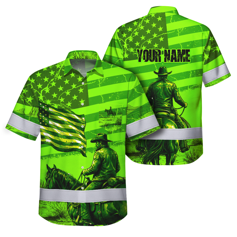 Hi Vis Hawaiian Shirt Reflective Tapes Green Neon US Cowboy Custom Name ...